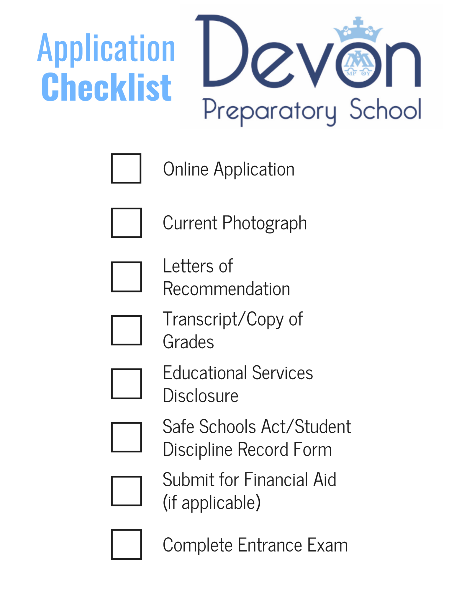 Application Checklist & Deadlines - Devon Preparatory School